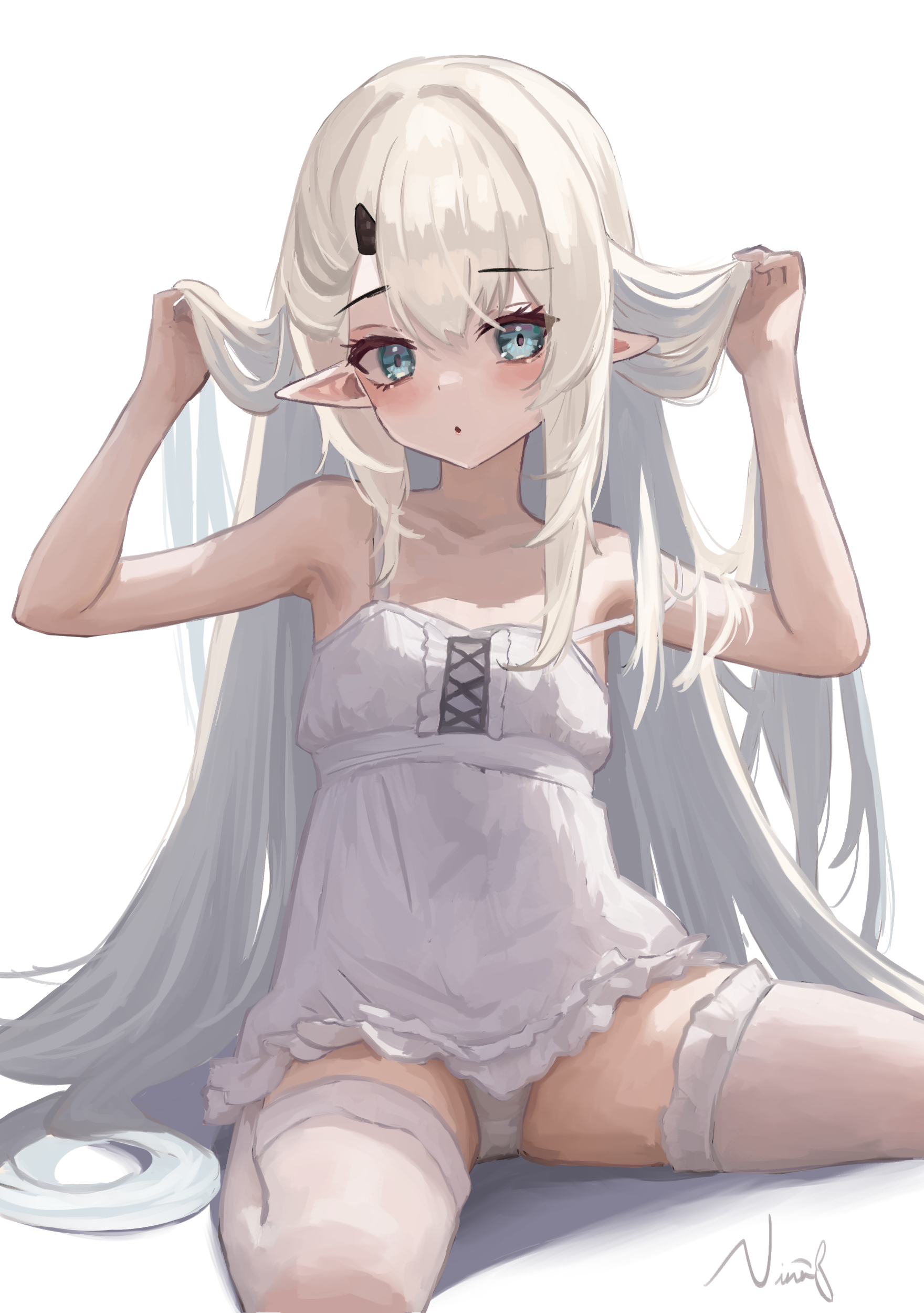 nina (pixiv31869672) dress loli pantsu pointy ears skirt lift summer dress thighhighs | #1080462 ...